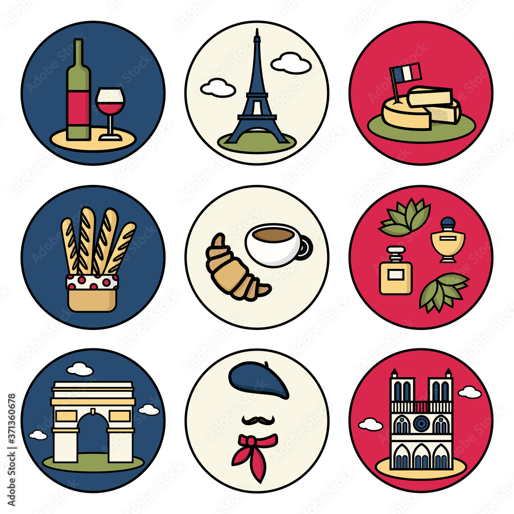 Set of round icons. French national flag. Symbols of France and Paris ...