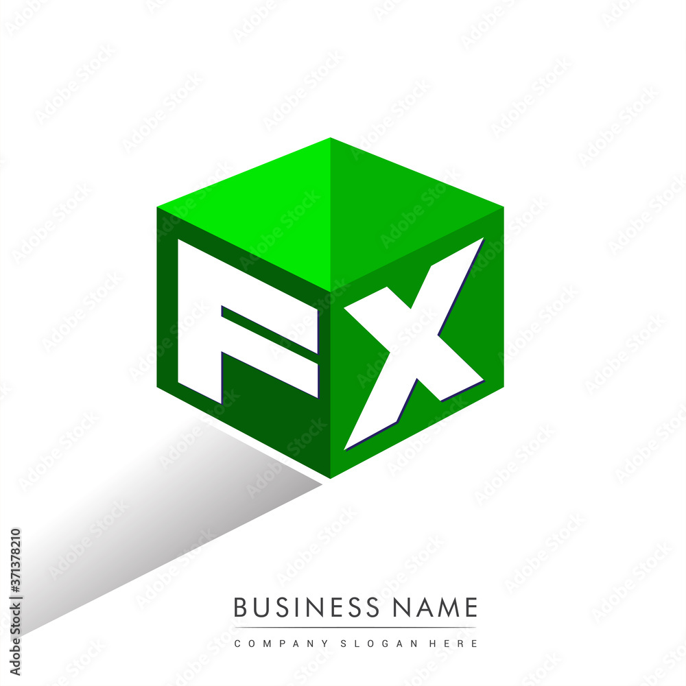 Letter FX logo in hexagon shape and green background, cube logo with ...