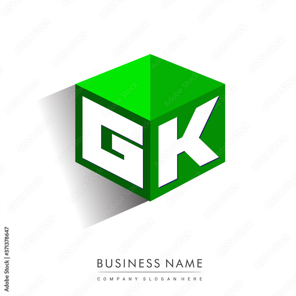 Letter GK logo in hexagon shape and green background, cube logo with ...