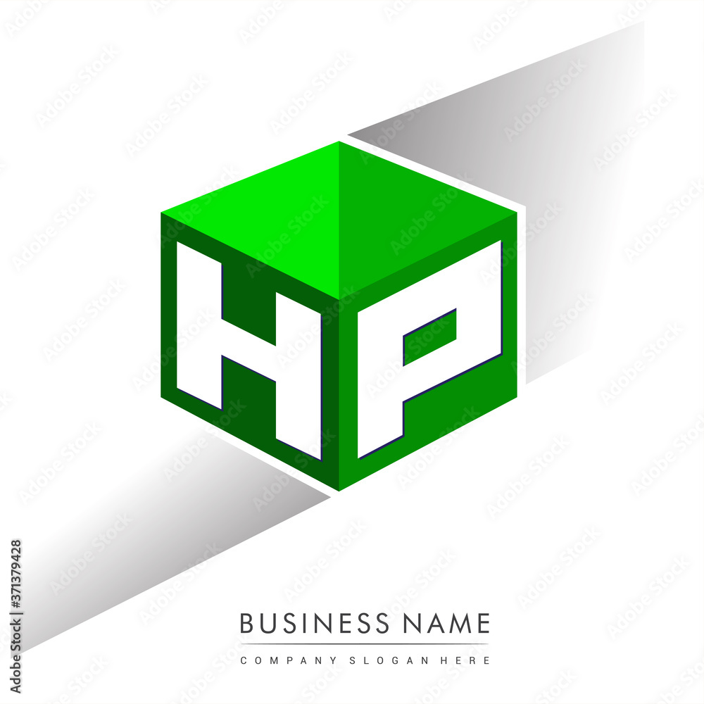 Letter HP logo in hexagon shape and green background, cube logo with ...