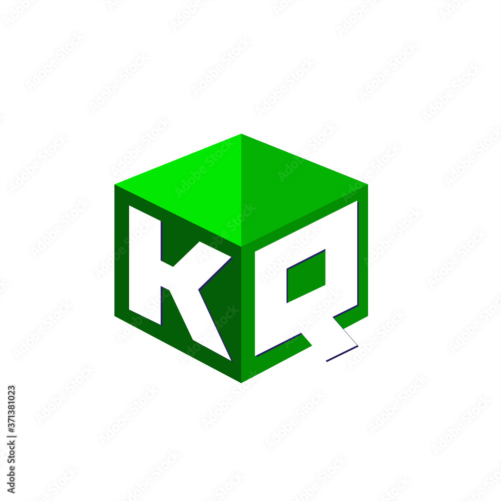 Letter KQ logo in hexagon shape and green background, cube logo with ...
