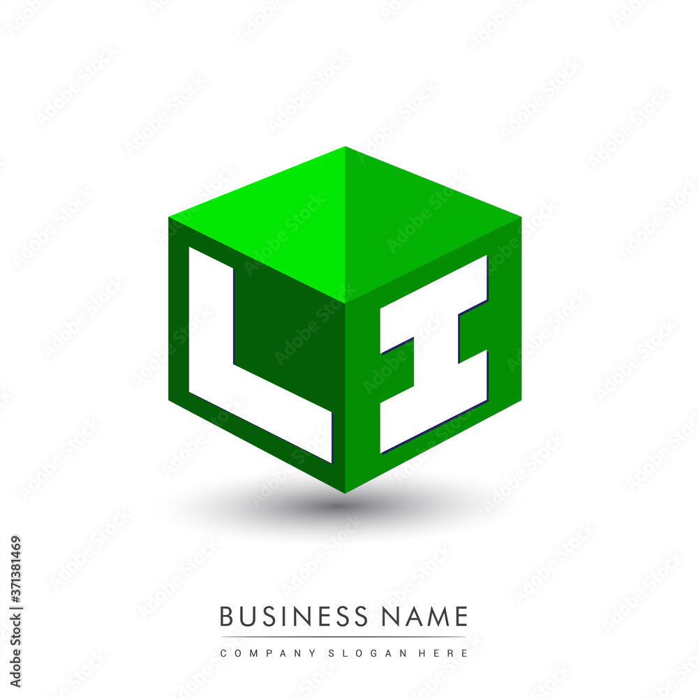 Letter LI logo in hexagon shape and green background, cube logo with ...