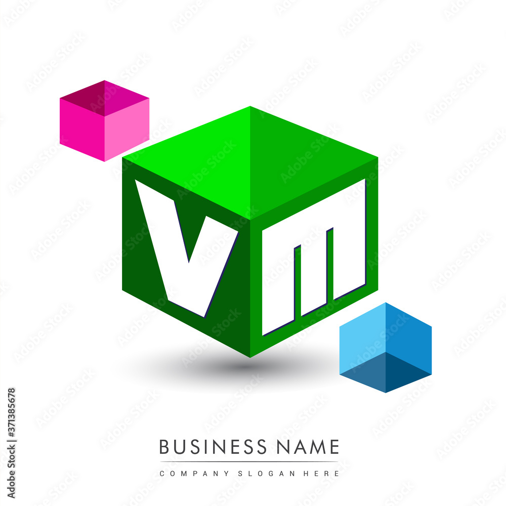 Letter VM logo in hexagon shape and green background, cube logo with ...
