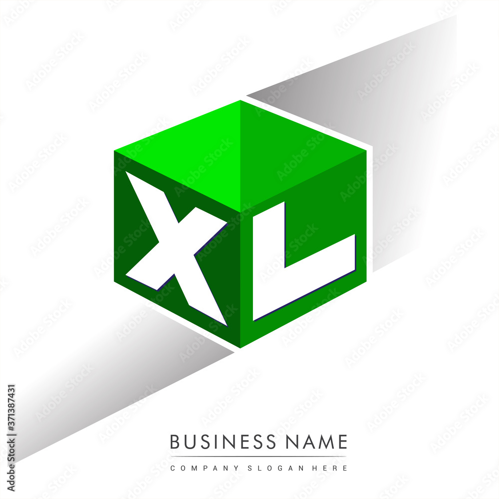 Letter XL logo in hexagon shape and green background, cube logo with ...