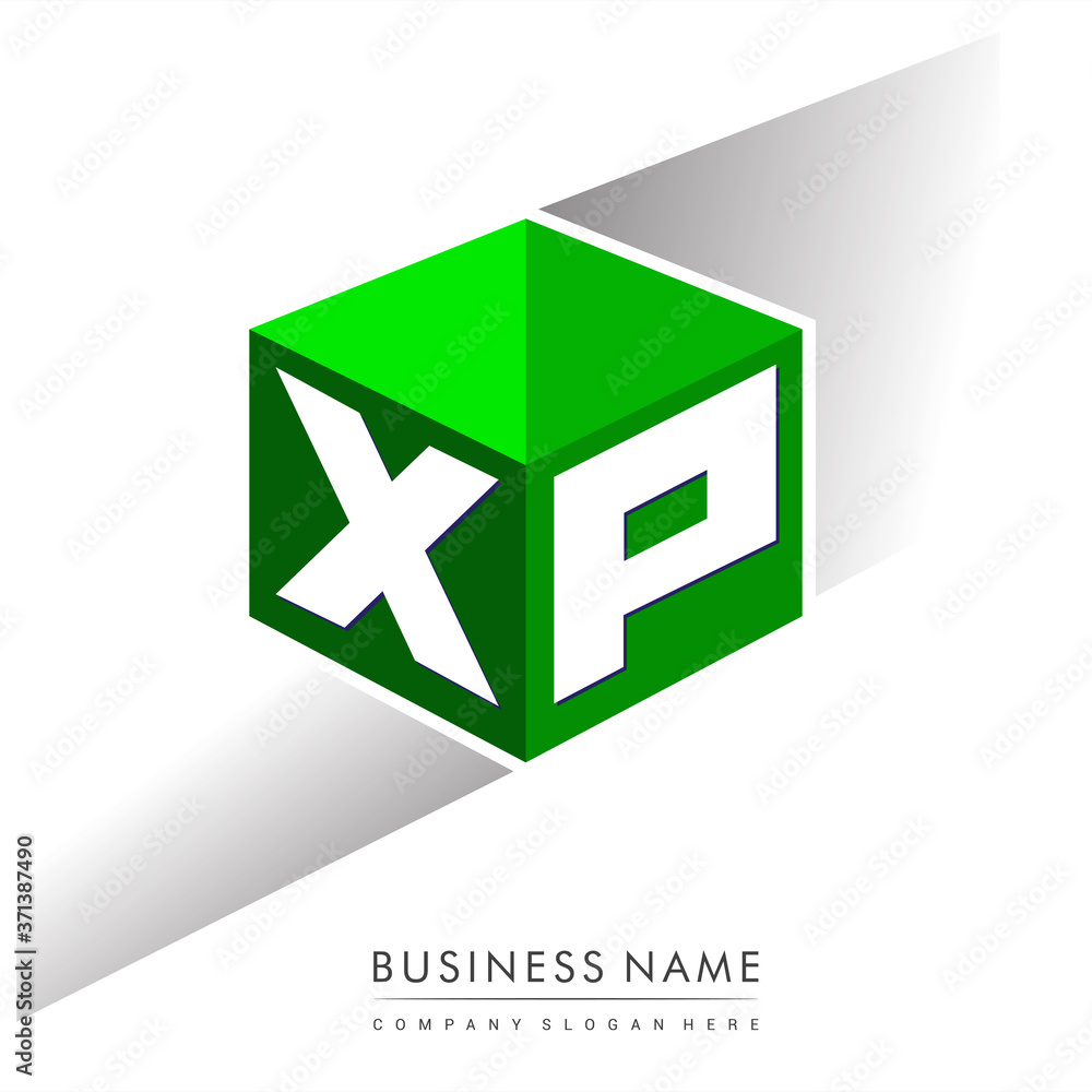 Letter XP logo in hexagon shape and green background, cube logo with ...