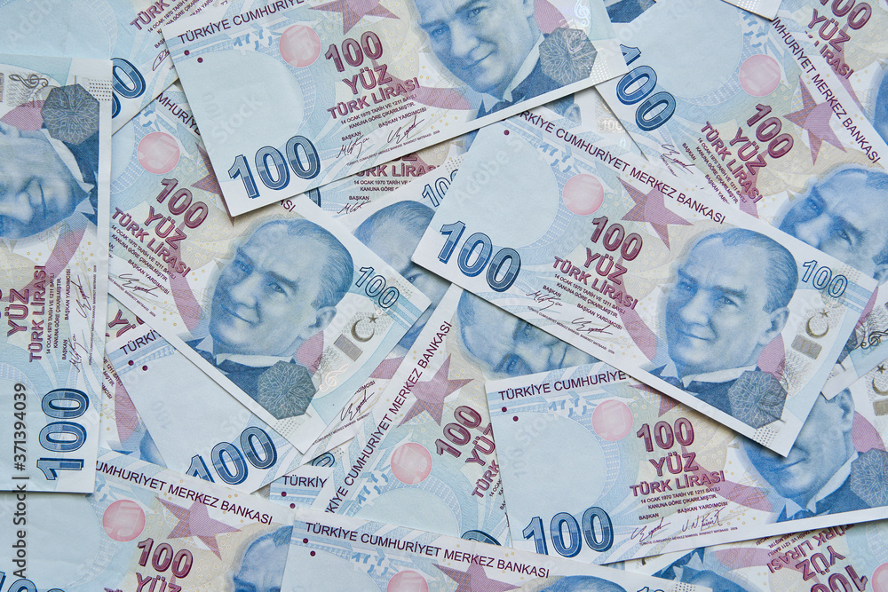 Turkish money 100 TL banknot. Top view and End of the month calculation ...