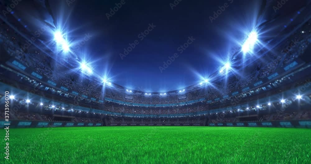 Sport stadium video background with green field, flashing lights and ...