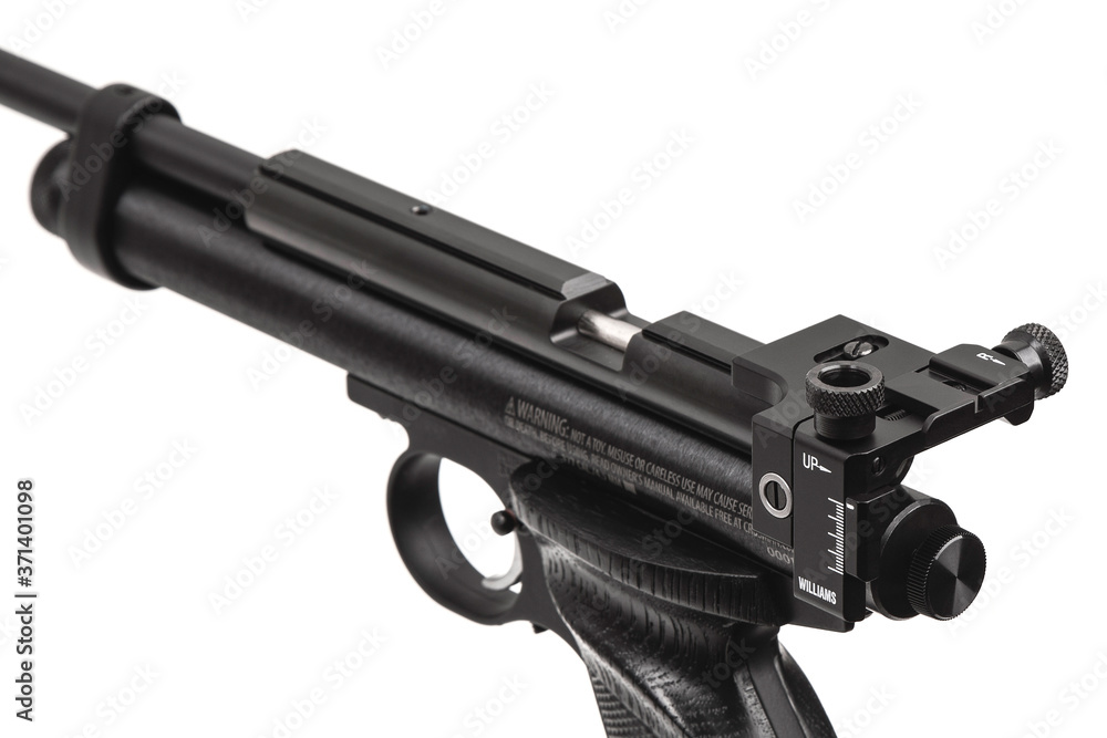 Modern sport air pistol with mechanical sight isolate on white back ...