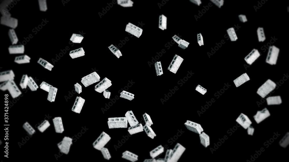 Flying many concrete bricks on black background. Miniature model ...