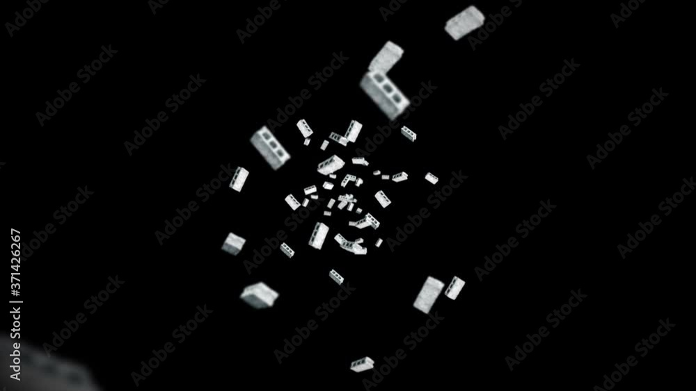 Flying many concrete bricks on black background. Miniature model ...