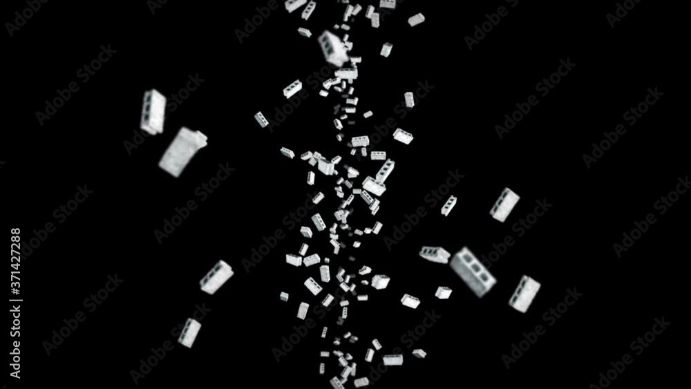 Flying many concrete bricks on black background. Miniature model ...
