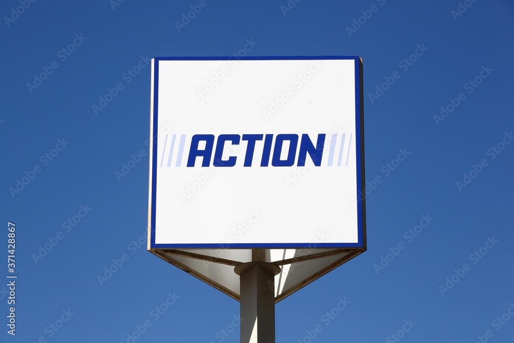Tarare, France - May 31, 2020: Action logo on a pole. Action is an ...