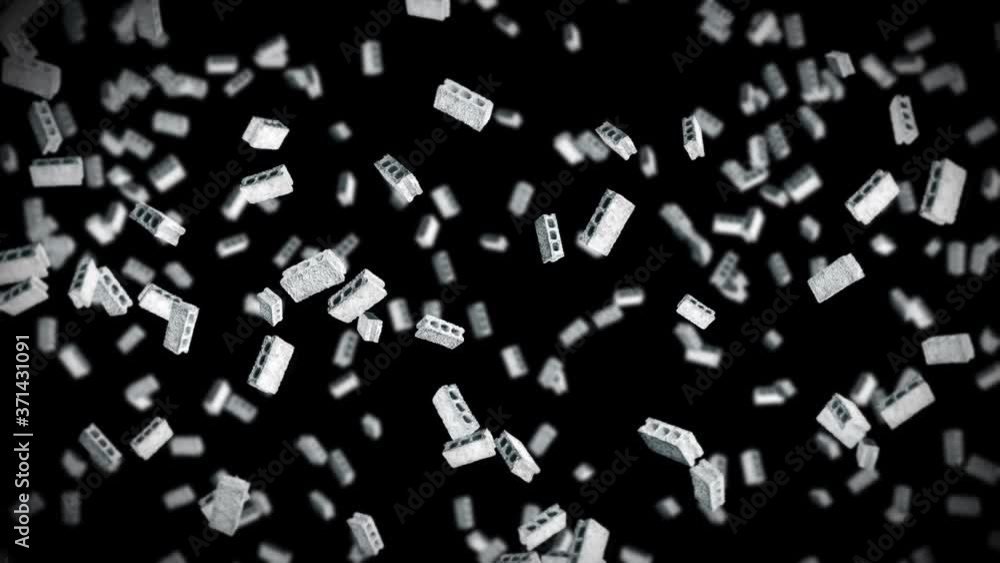Flying many concrete bricks on black background. Miniature model ...