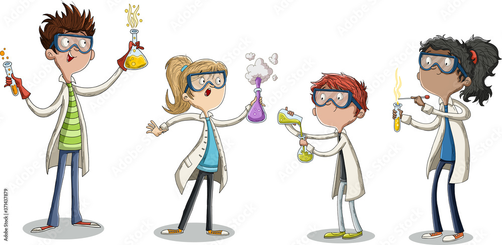Cartoon students doing research with chemical fluid in the laboratory ...