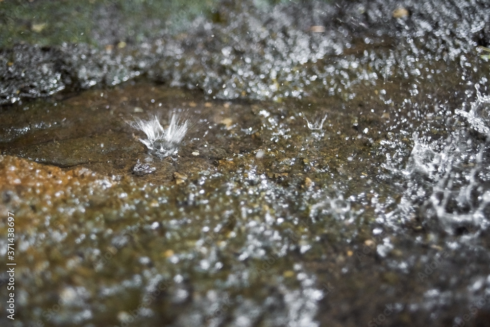 Splashes of water in a large puddle during heavy rain. Street scenes in ...