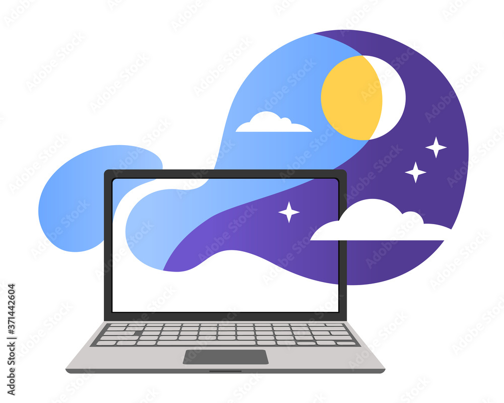Vector illustration of laptop with day and night sky. Computer isolated ...