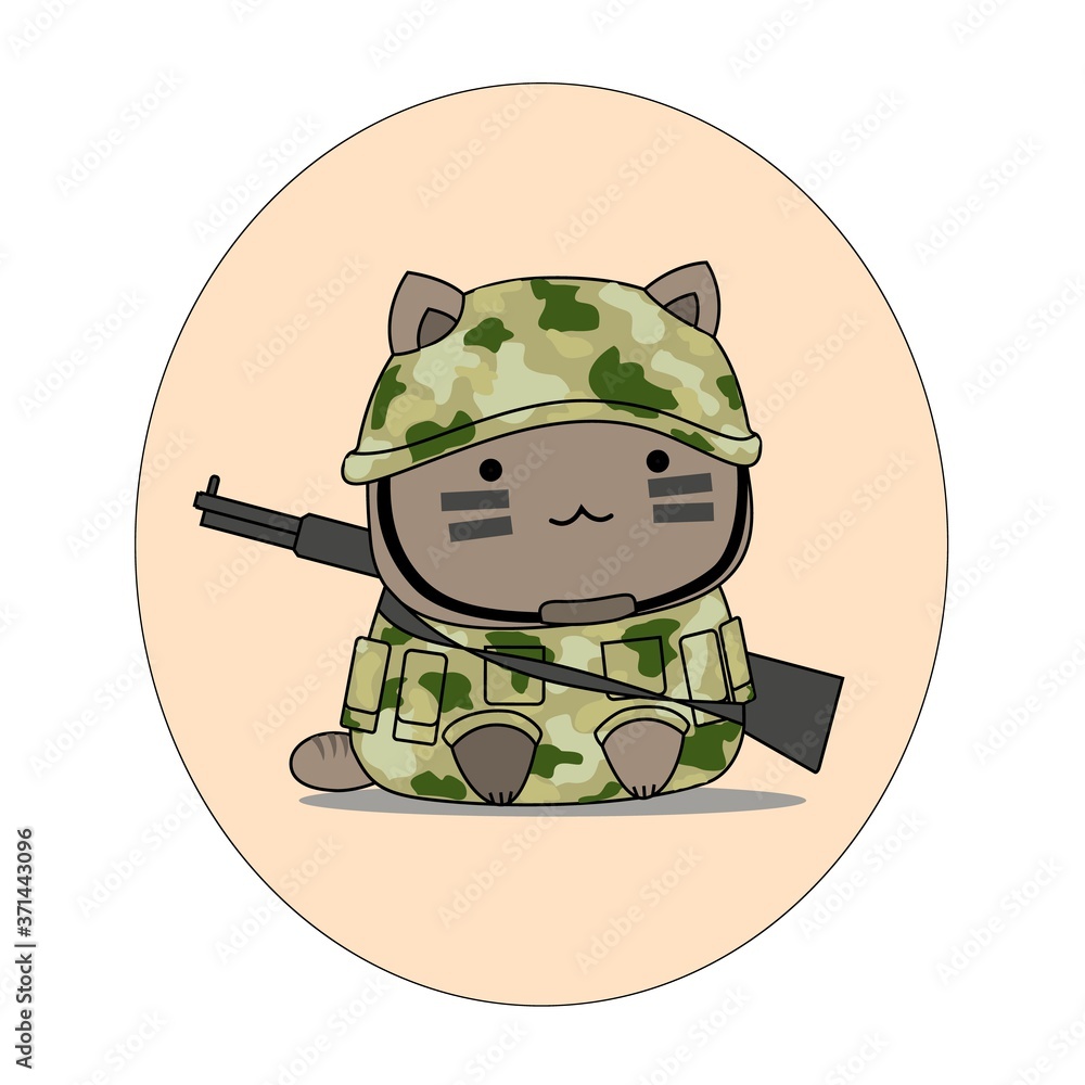 Army cat with helmet and rifle. Vector illustration of funny kitty ...