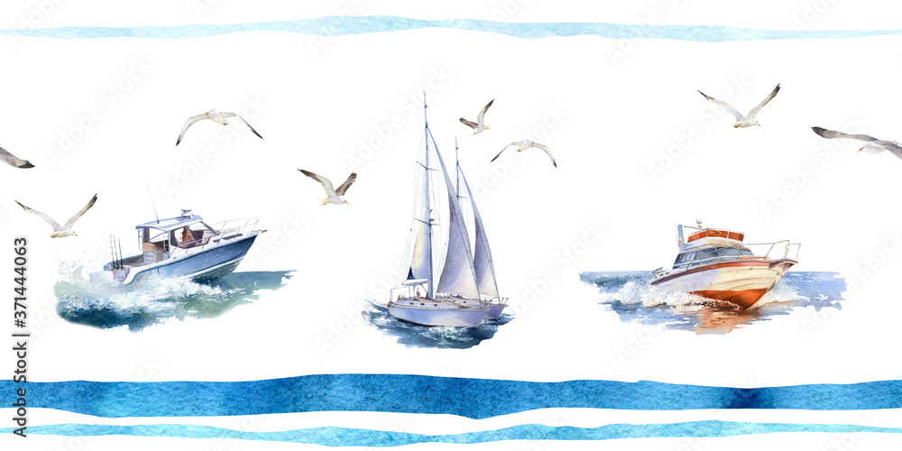 Picturesque seamless border pattern of speedboats, yacht, seagulls and ...