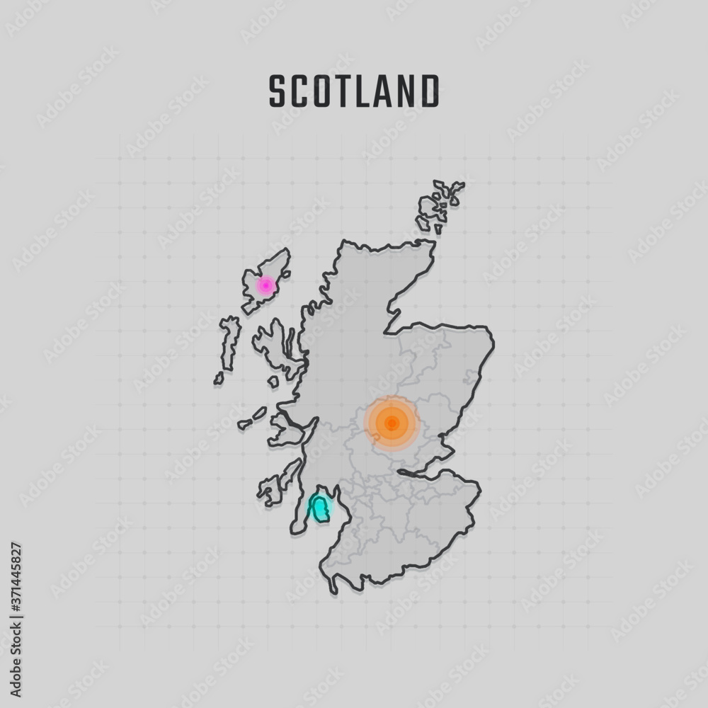 Map of Scotland with all states and radar spot on map. Each city has ...