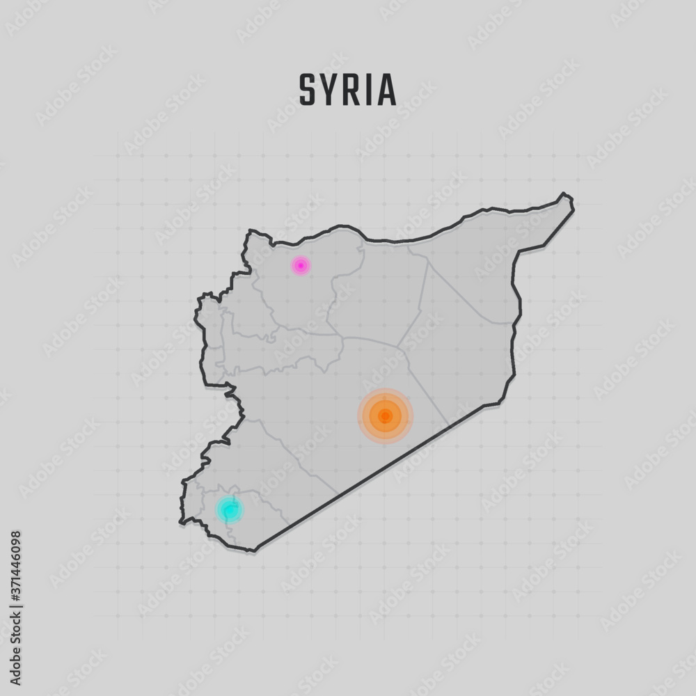 Map of Syria with all states and radar spot on map. Each city has ...