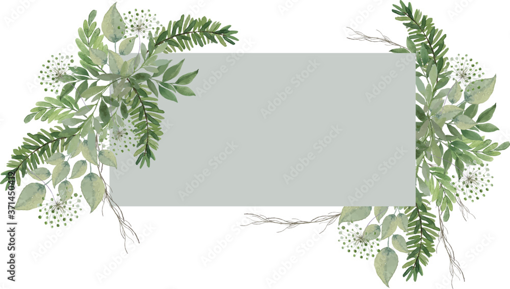 Small flower and green leaves around rectangle open space frame ...