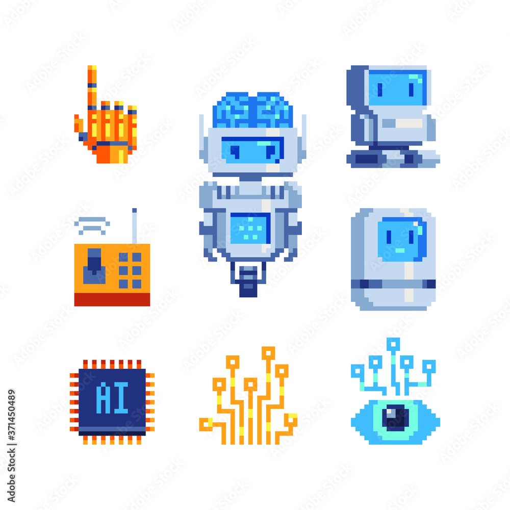 Artificial neuron network, pixel art icons set. Artificial Intelligence ...