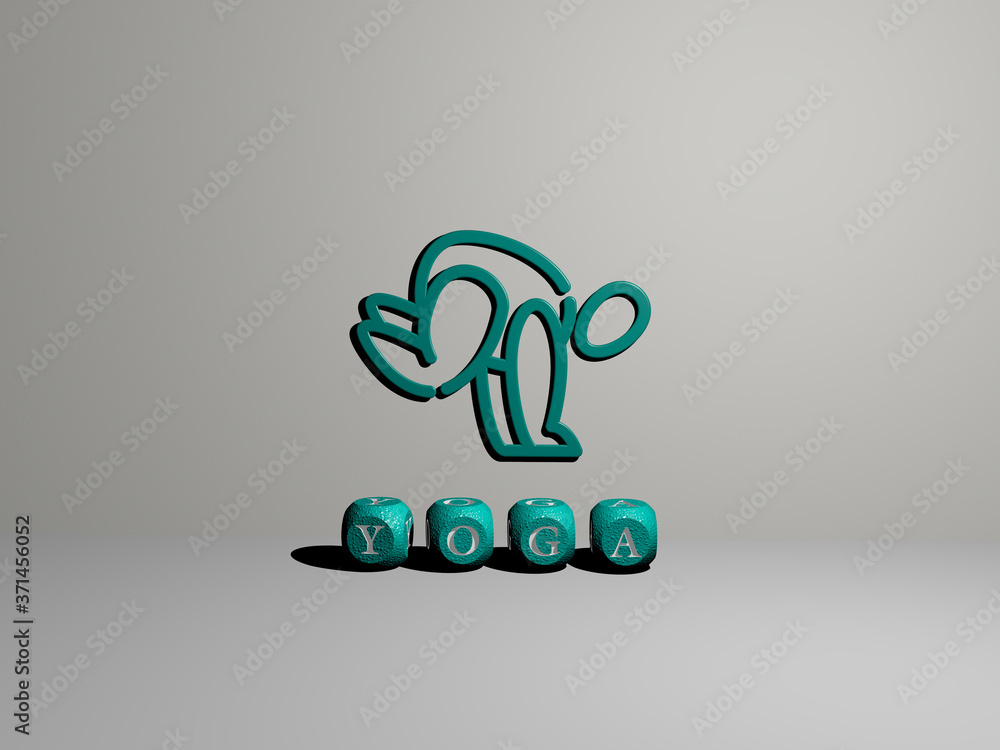 YOGA 3D icon on the wall and text of cubic alphabets on the floor - 3D ...