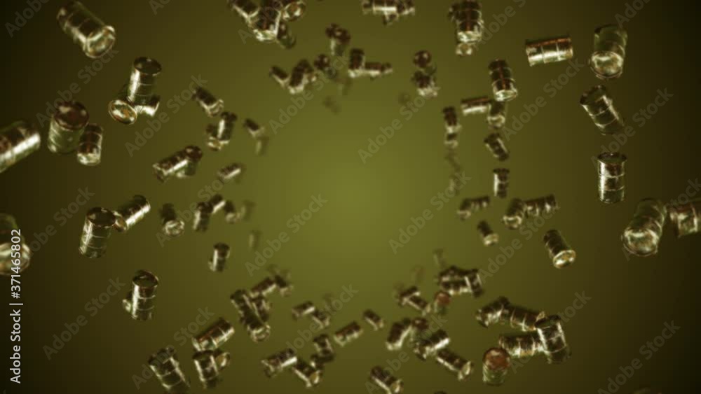 Flying many old fuel drums on brown background. Chemical industry ...