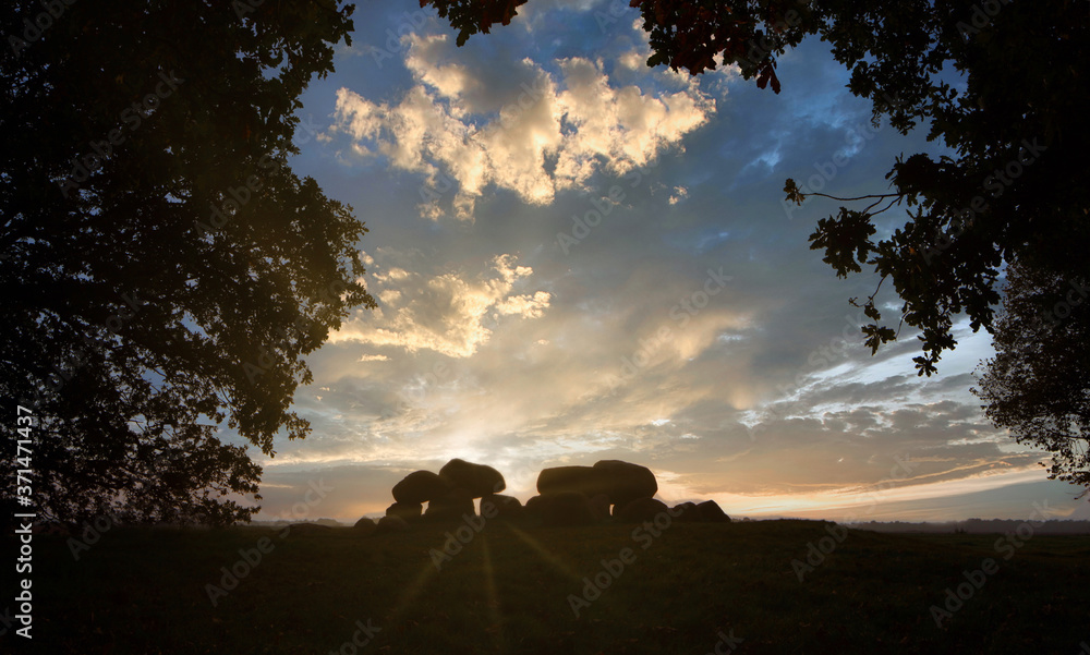 Dolmen. Sunset. Single-chamber megalithic tomb. Prehistoric tombstones ...
