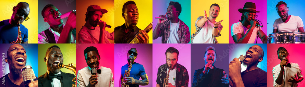 Collage of portraits of 9 young emotional talented musicians on ...