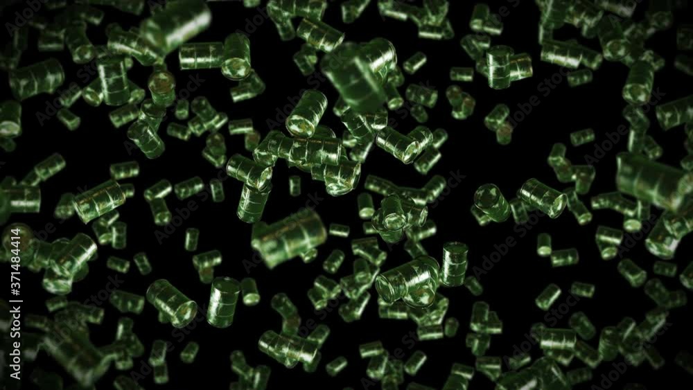 Flying many old fuel drums on black background. Chemical industry ...