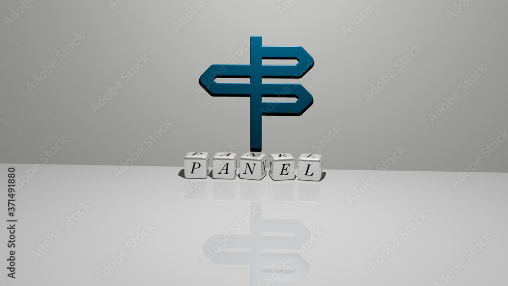 PANEL text of cubic dice letters on the floor and 3D icon on the wall ...