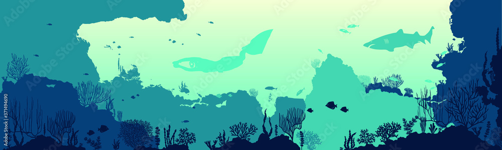 Underwater panorama illustration with fishes and underwater plants ...