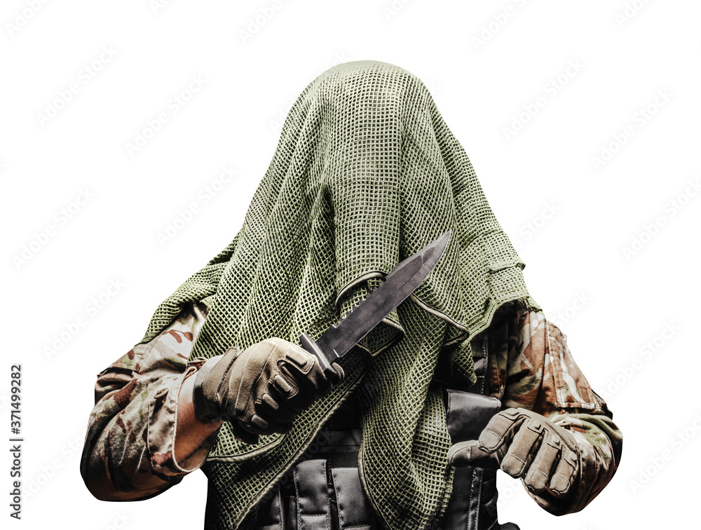 Fully equipped soldier in tactical net scarf, multi-camouflaged ...