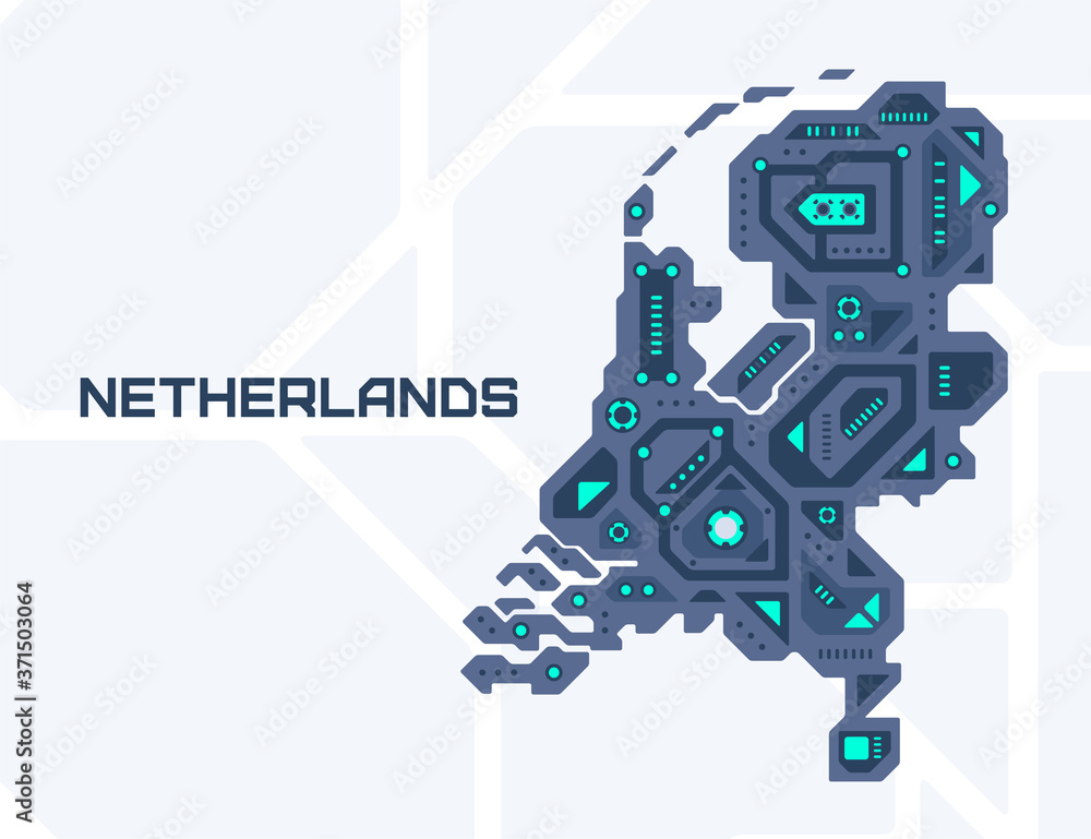 Abstract futuristic map of Netherlands. Mechanical circuit of the ...