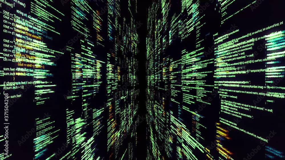 Source codes in cyberspace on black background. Animation. Inside ...