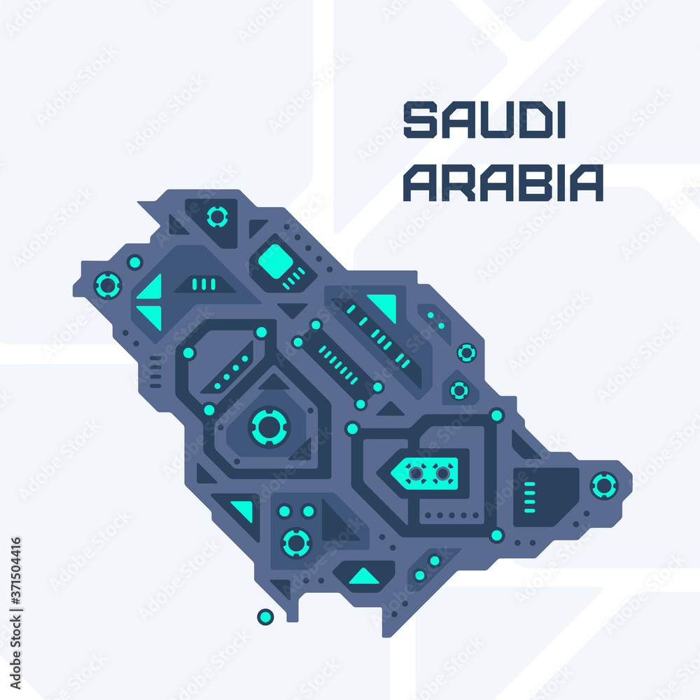 Abstract futuristic map of Saudi Arabia. Mechanical circuit of the ...