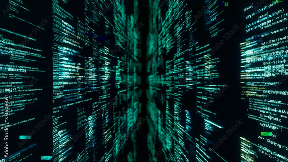 Source codes in cyberspace on black background. Animation. Inside ...