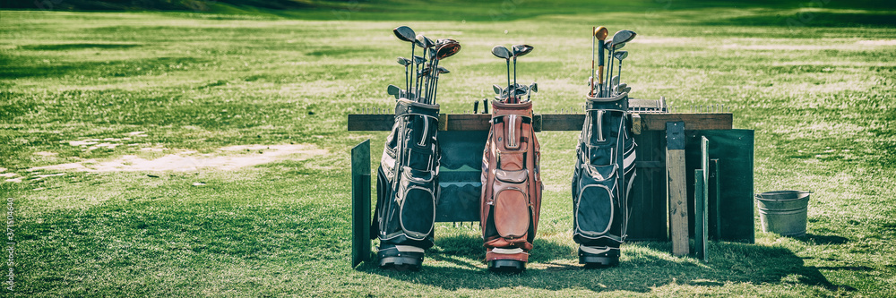 Golf bags banner with clubs on golfing course green grass background ...
