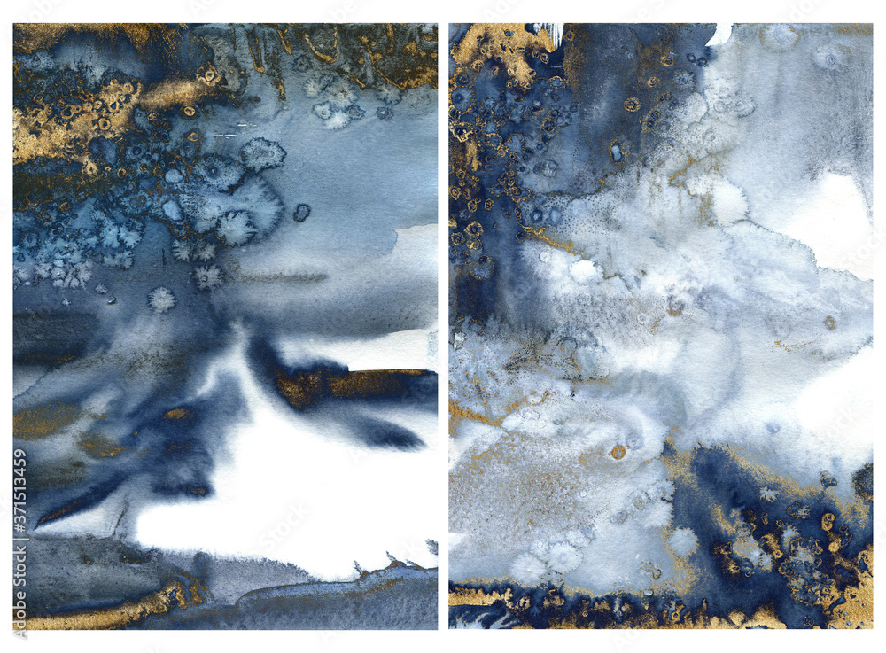 Watercolor abstract ocean texture with gold and blue waves. Hand ...