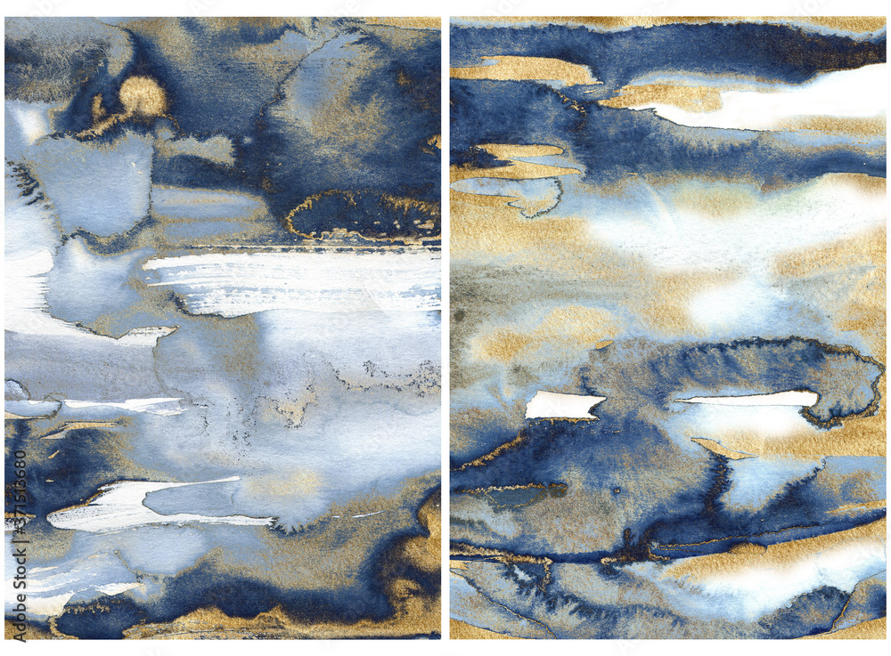 Watercolor ocean abstract texture with gold and blue waves. Hand ...