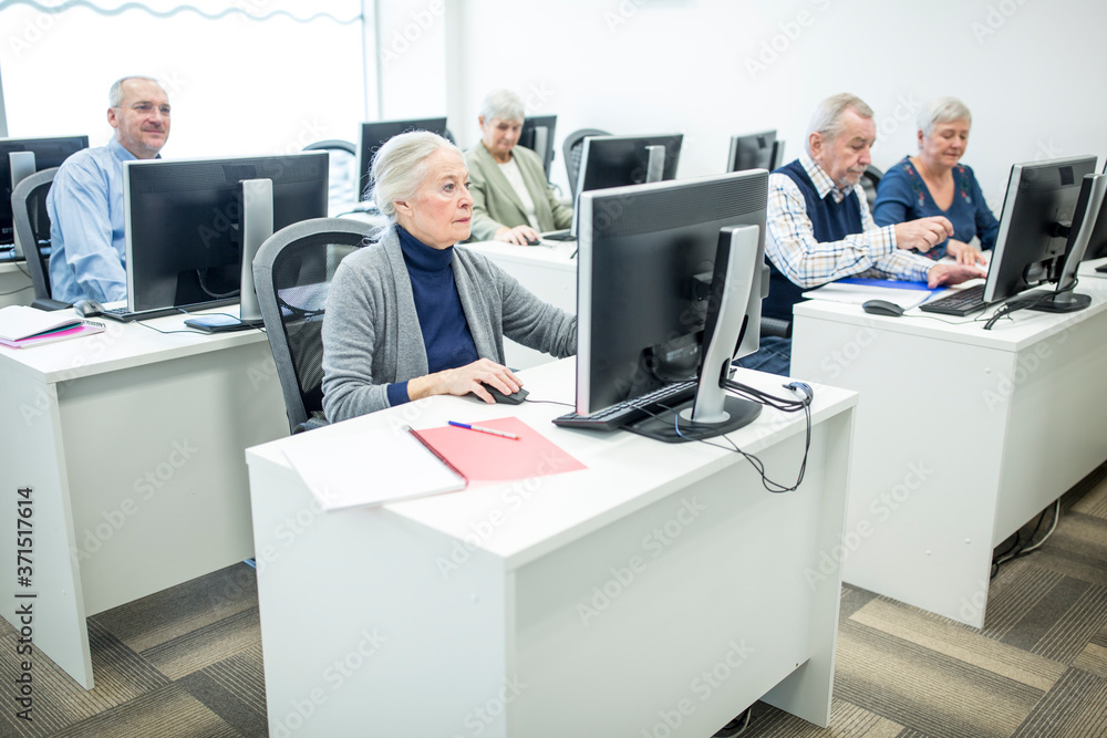 Active seniors attending computer course, working on PC Stock Photo ...