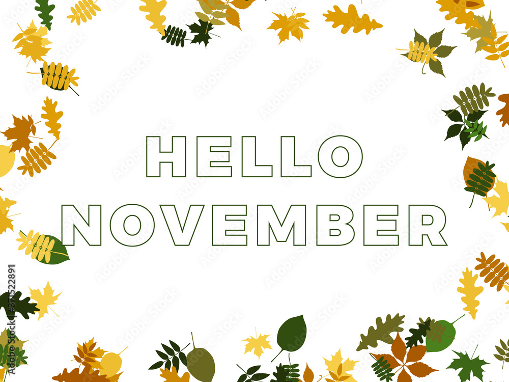text 'HELLO NOVEMBER' in the frame of autumn leaves on white background ...