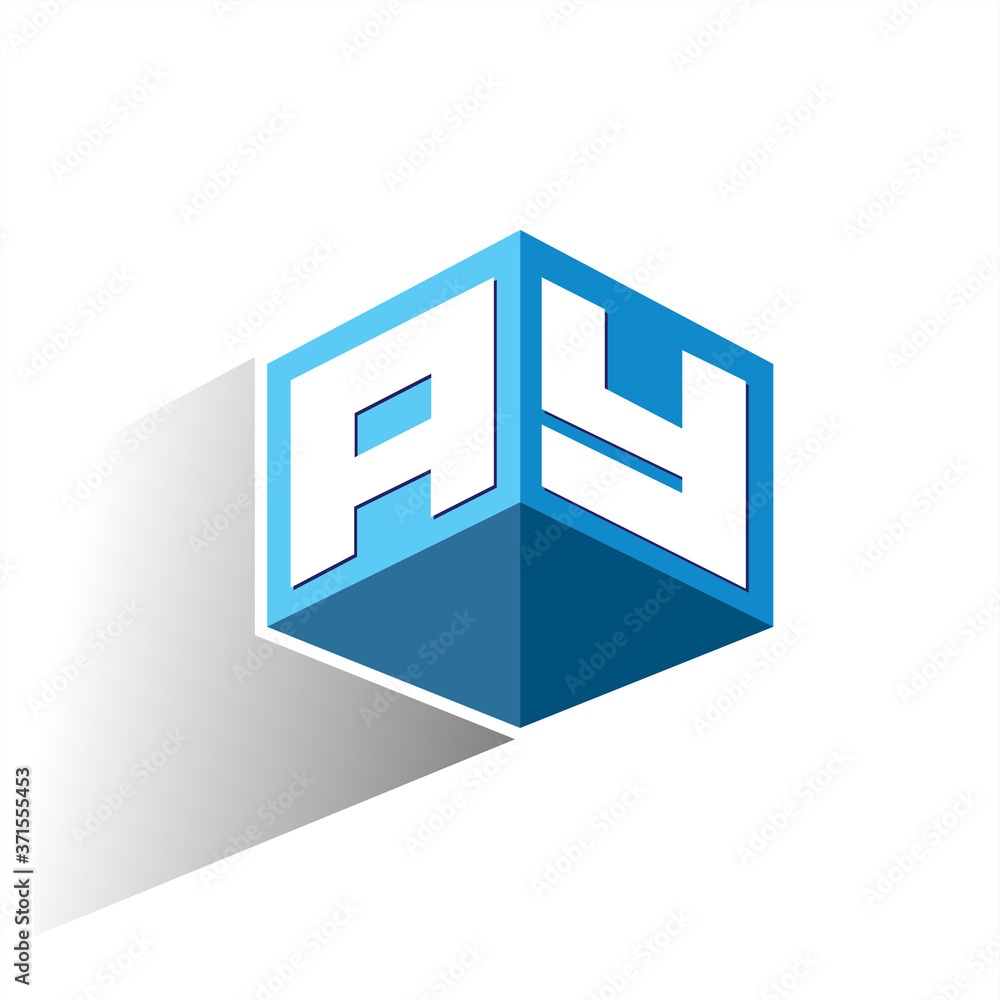 Letter AY logo in hexagon shape and blue background, cube logo with ...