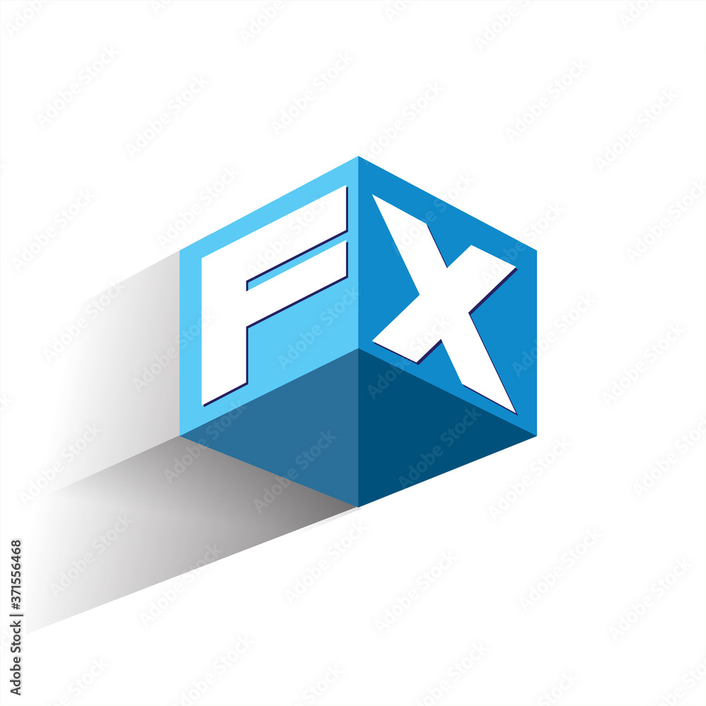 Letter FX logo in hexagon shape and blue background, cube logo with ...