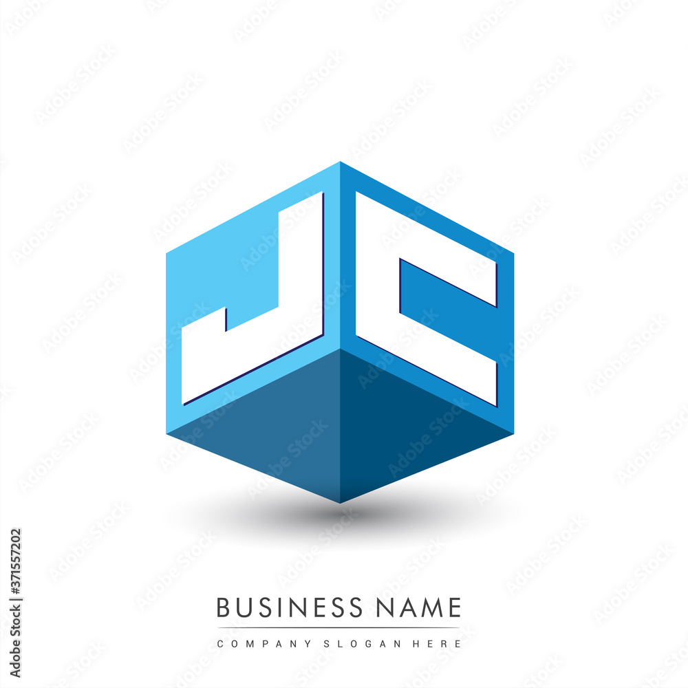 Letter JC logo in hexagon shape and blue background, cube logo with ...