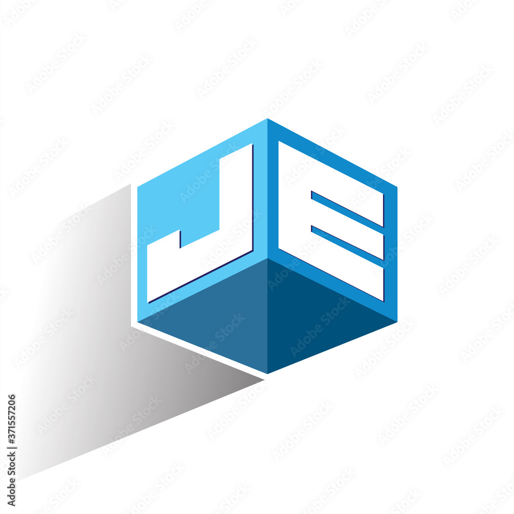 Letter JE logo in hexagon shape and blue background, cube logo with ...