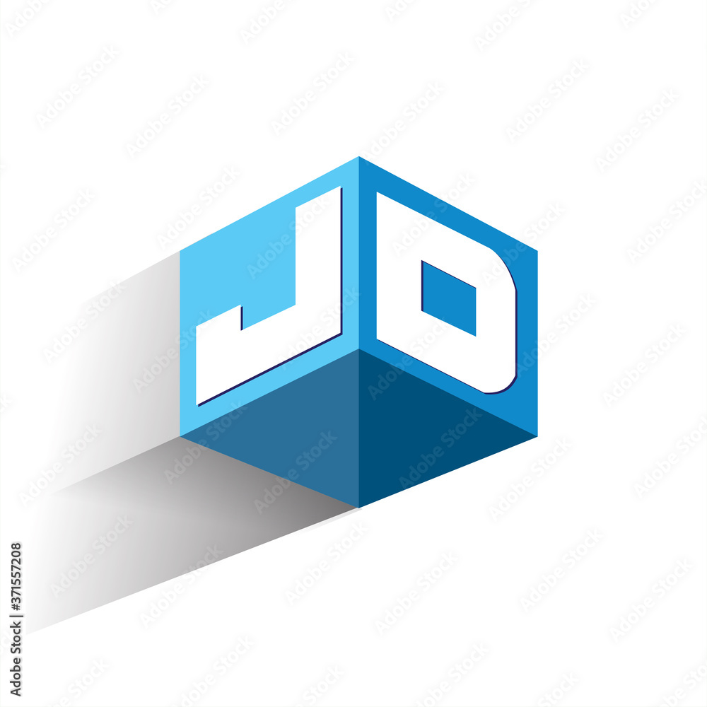 Letter JD logo in hexagon shape and blue background, cube logo with ...