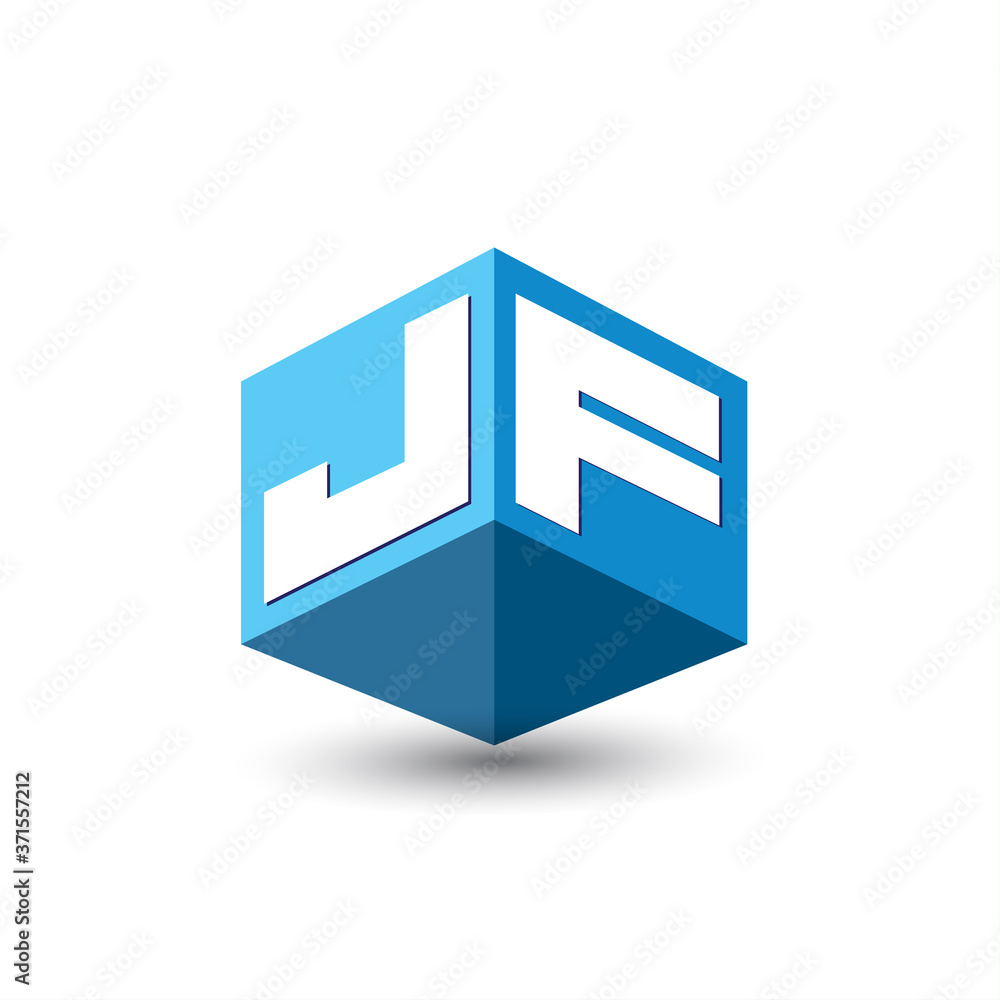 Letter JF logo in hexagon shape and blue background, cube logo with ...