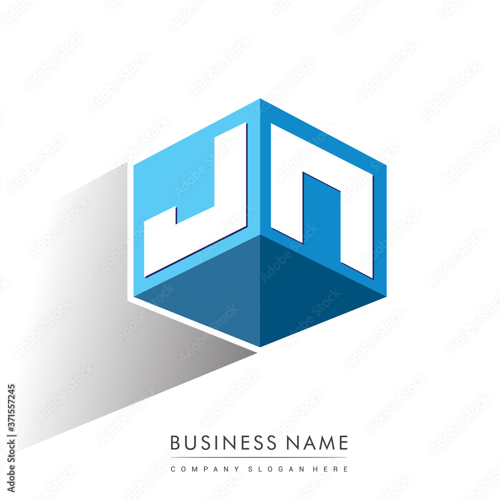 Letter JN logo in hexagon shape and blue background, cube logo with ...
